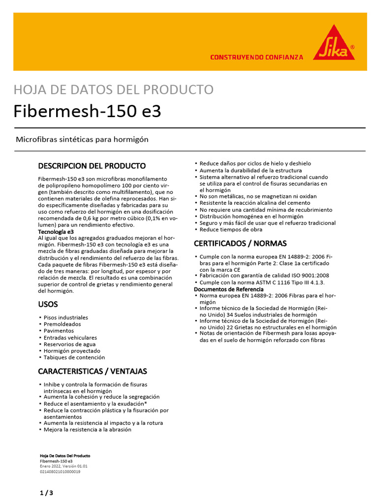 Microfibras Fibermesh-150 e3 para Hormigón | PDF | Hormigón | Materiales