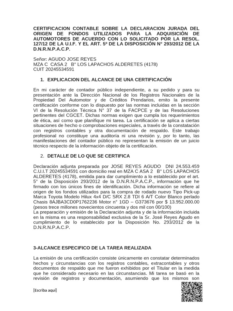 Certificacion Contable Sobre La Declaracion Jurada Del Origen de Fondos ...