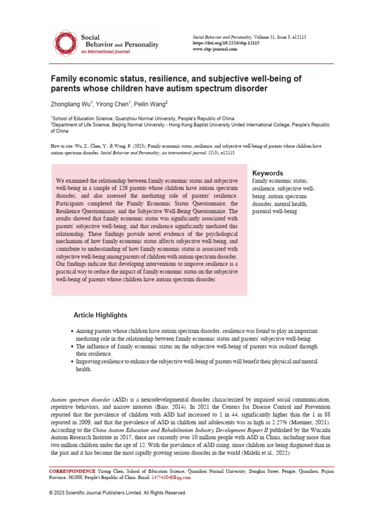 Family Economic Status, Resili | PDF | Autism | Psychological Resilience