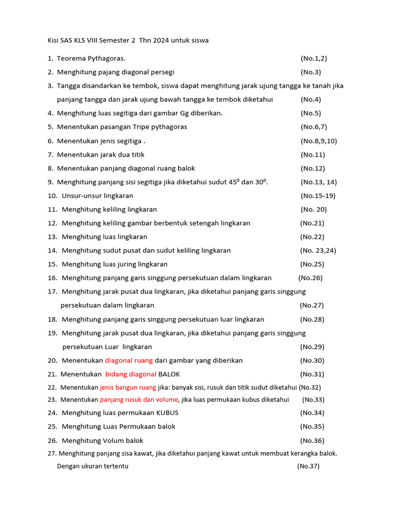 Kisi Soal SAS VIII-Genap-24 SISWA | PDF