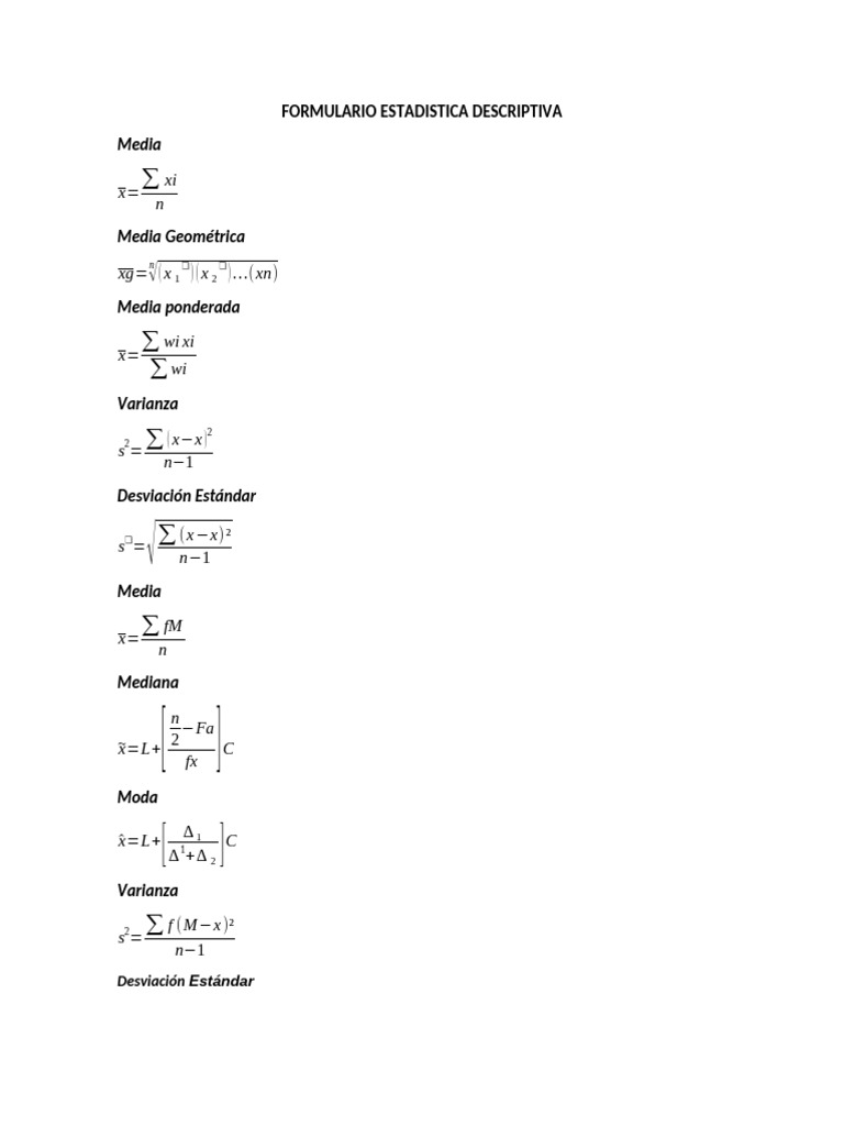 Formulario Estadistica Descriptiva | PDF