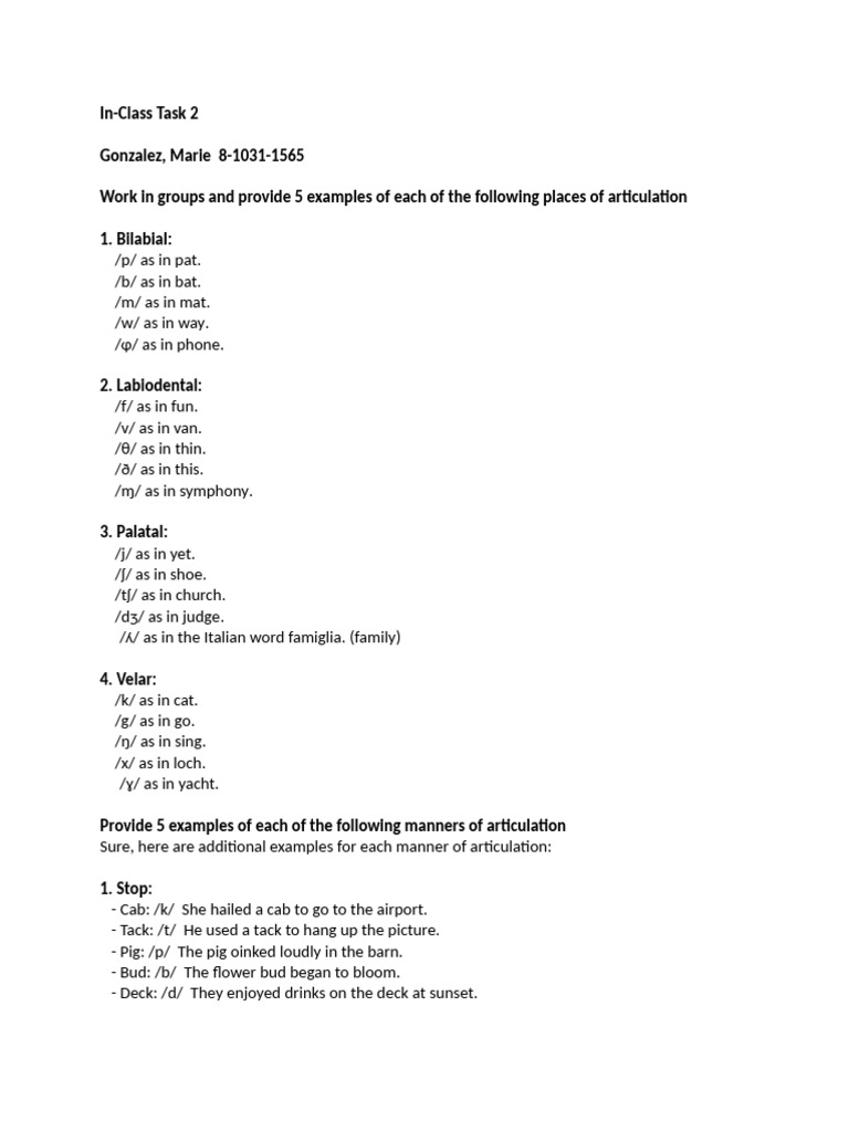 In-Class Task 2 Consonants | PDF | Phonetics | Human Voice
