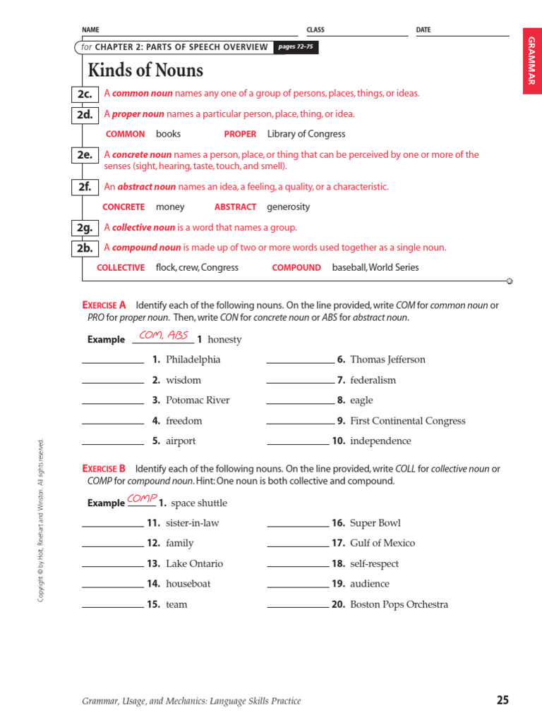 Kinds of Nouns Worksheet | PDF | Noun | Linguistics