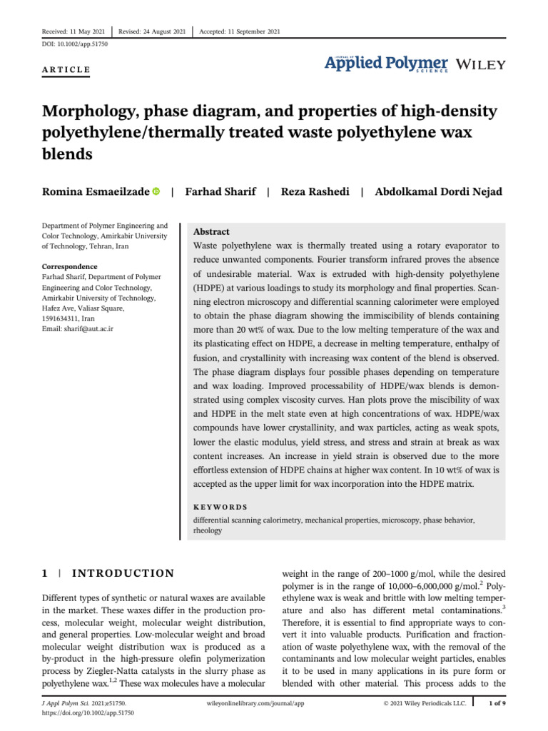 HDPE/Waste Polyethylene Wax Blend Properties | PDF | Differential ...
