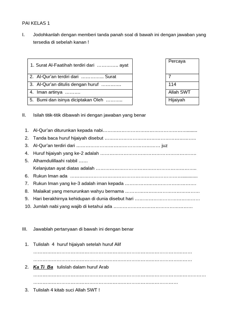 Soal Ats Pai Sem 1 Kelas 1 2024-2025 | PDF