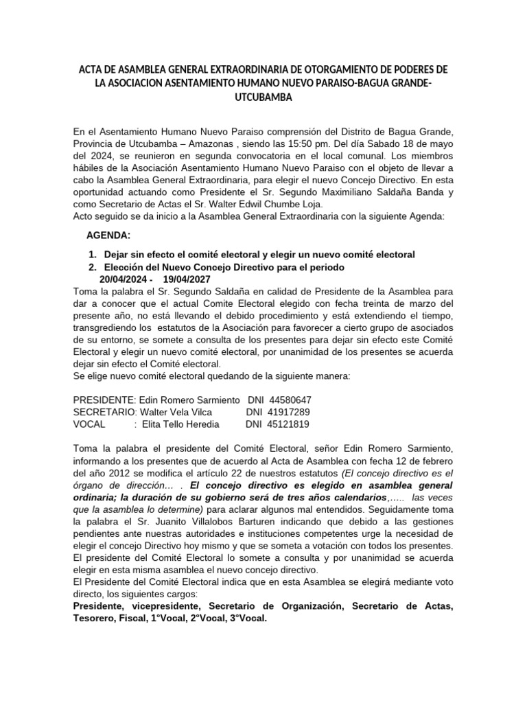ACTA de Eleccion Junta Directiva El Paraiso BG. 2024-2027 | PDF | Gobierno
