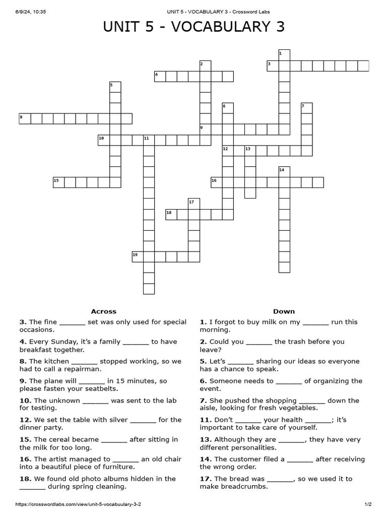 Vocabulary Crossword Puzzle Unit 5 | PDF