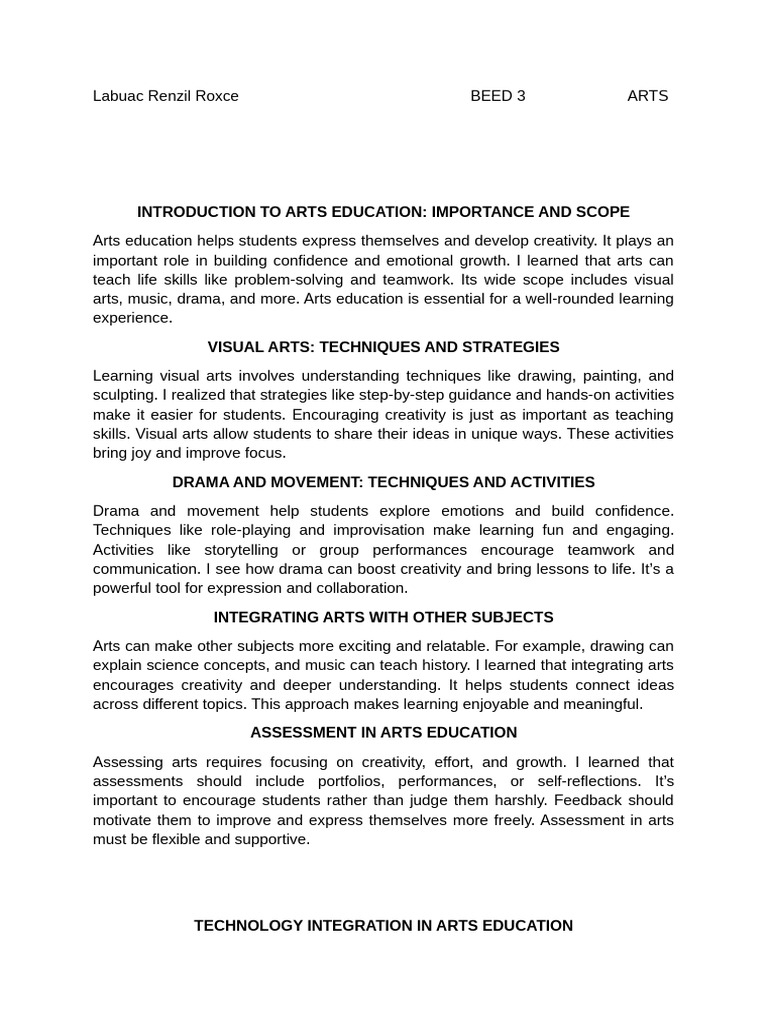 Arts_Reflection | PDF | Creativity | Learning