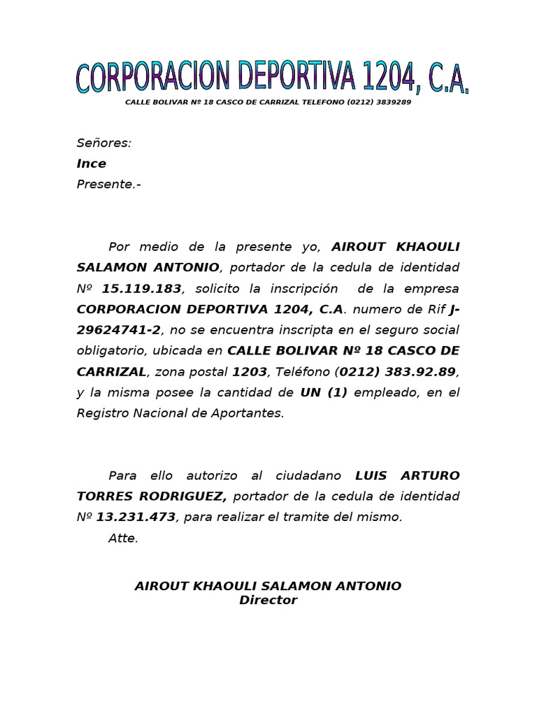 Carta de Corporacion Deportiva 1204 para El Ince | PDF