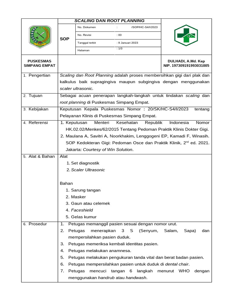 SOP SCALING DAN ROOT PLANNING | PDF