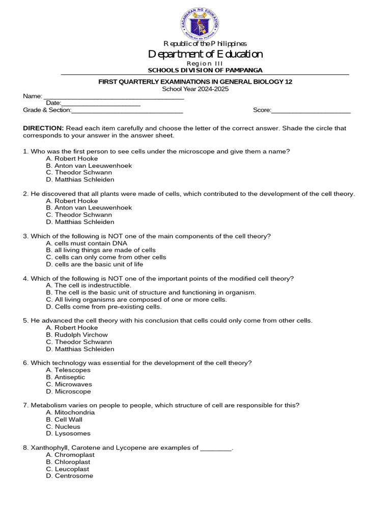 General Biology 12: Quarterly Exam | PDF | Mitosis | Cell (Biology)