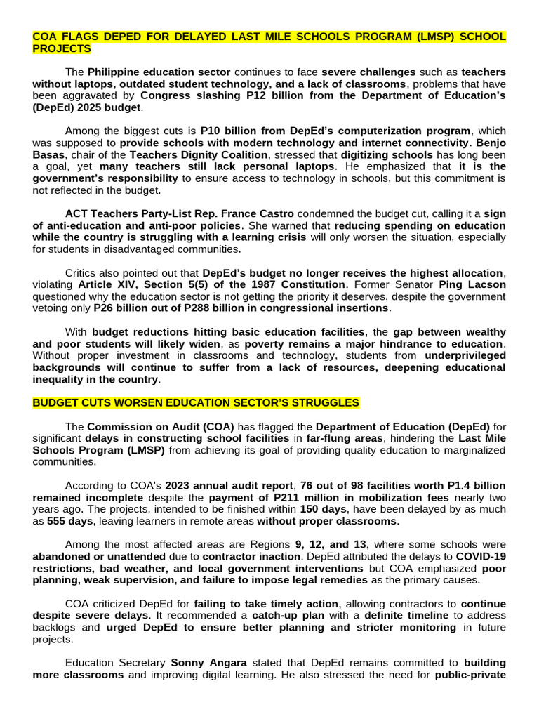 Coa Flags Deped For Delayed Last Mile Schools Program | PDF