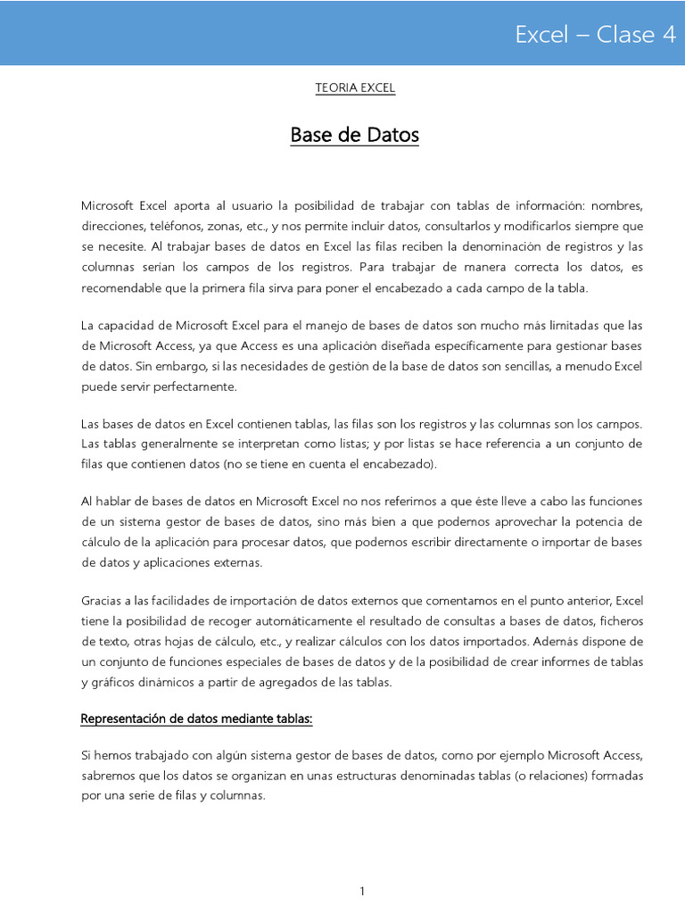 Teoria Excel Clase 4 A | PDF | Microsoft Excel | Bases de datos