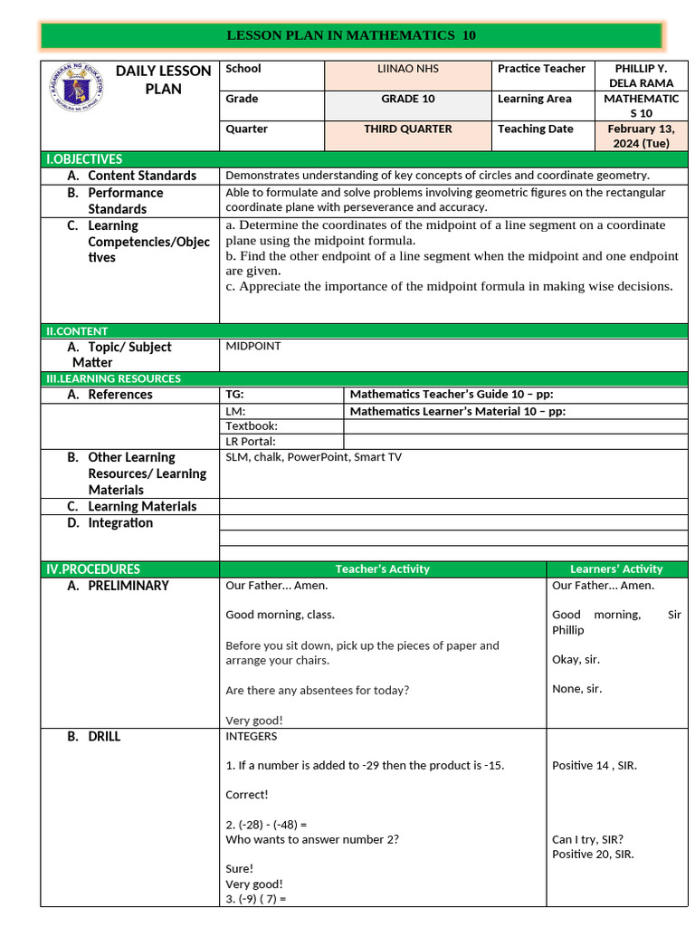 Grade 10 Math Lesson Plan: Midpoint Formula | PDF | Cartesian ...