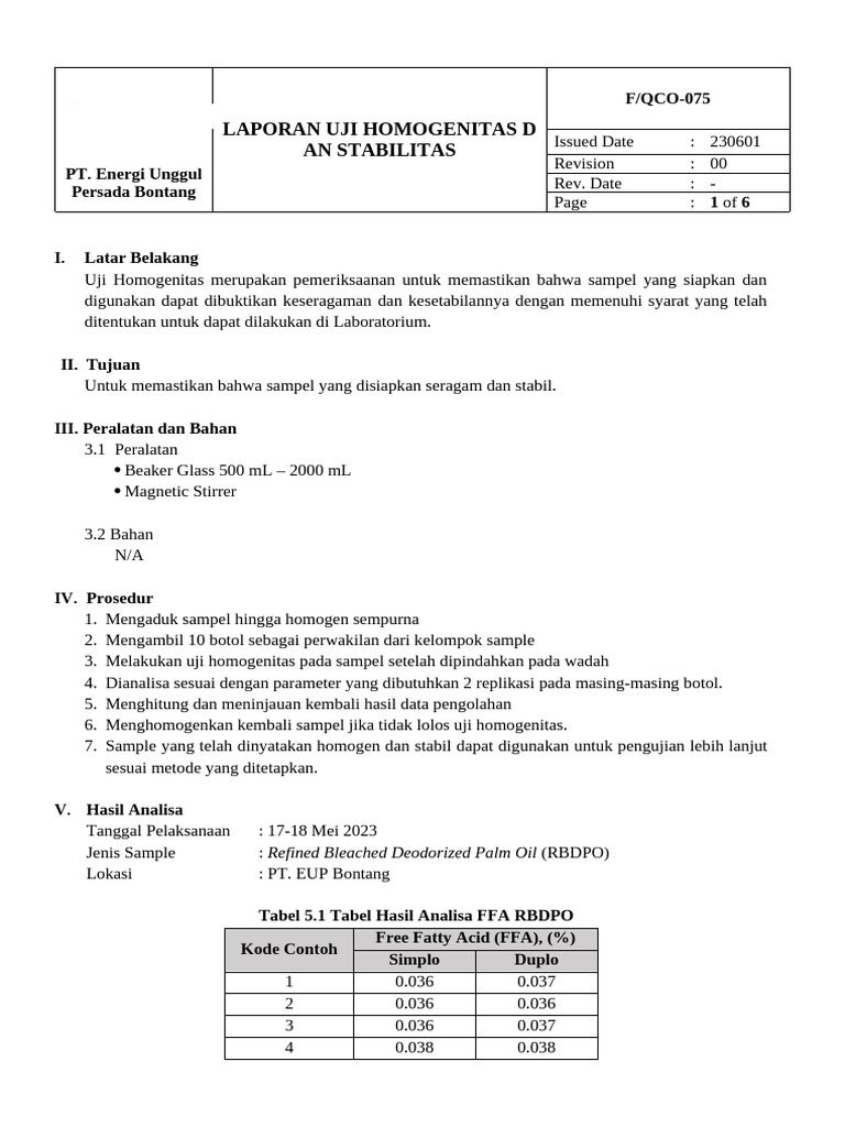 F-QCO-075 Laporan Uji Homogenitas Dan Stabilitas Product RBDPO - Uji ...