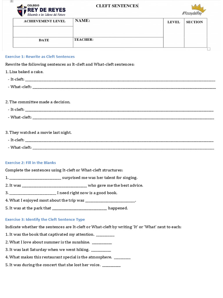Cleft Sentences Worksheet 1 | PDF