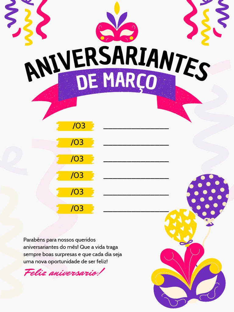Documento A4 Divertido Aniversariantes Do Mês Tema Carnaval Colorido | PDF