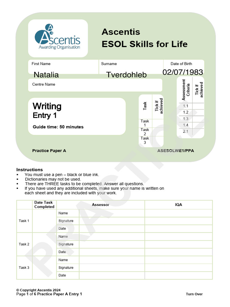 Entry 1 - ESOL - Writing - Assessment Paper - Practice Paper A | PDF ...