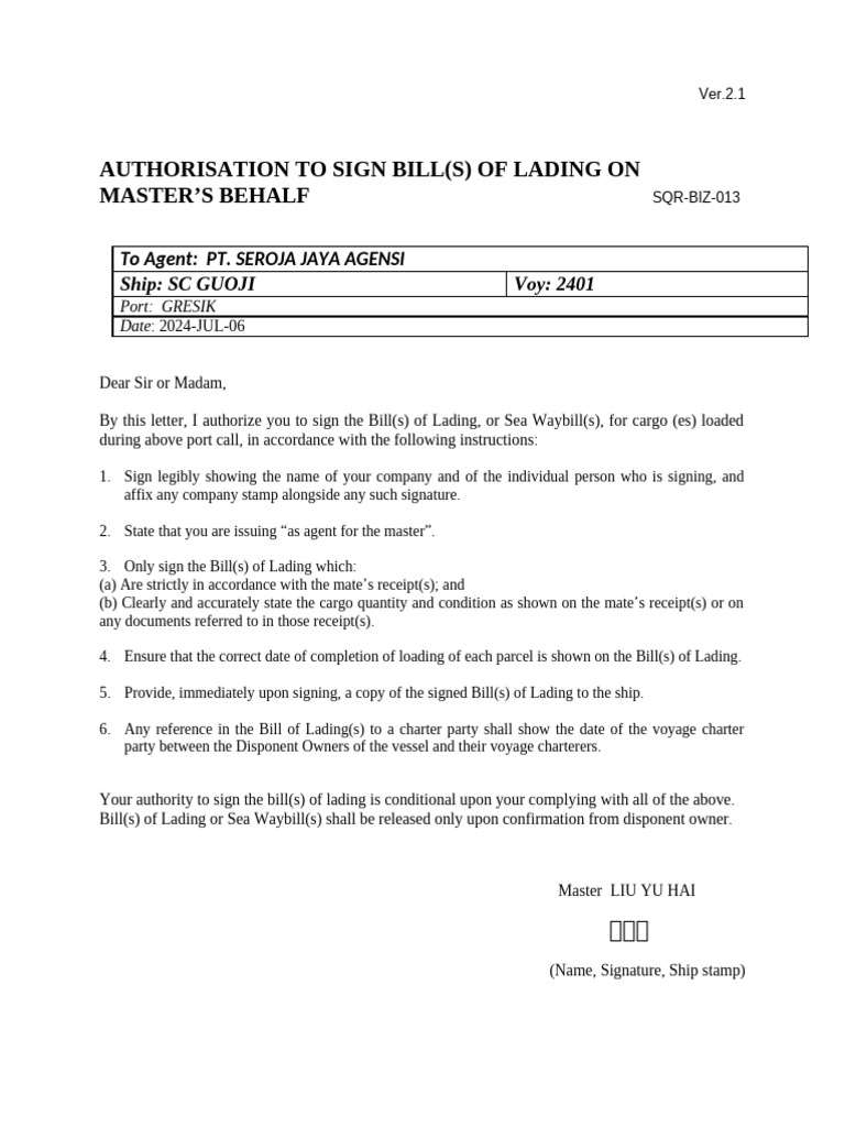 Authorization for Bill of Lading Signing | PDF