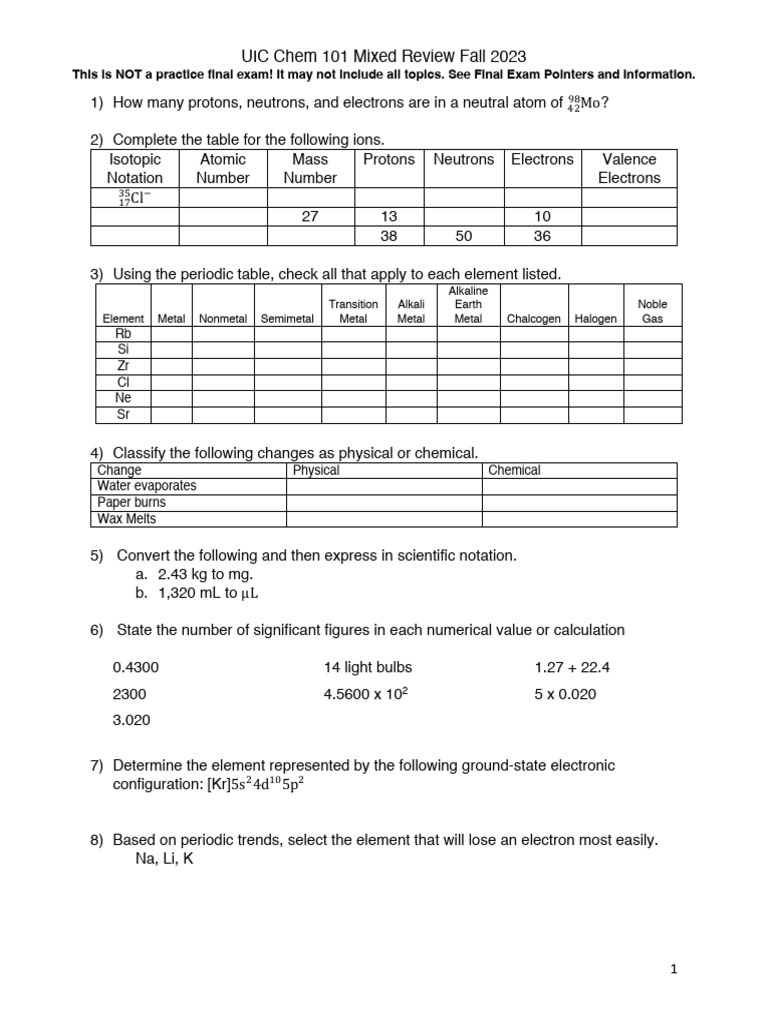 Final Review Questions C101 Fa2023 | PDF | Ph | Acid