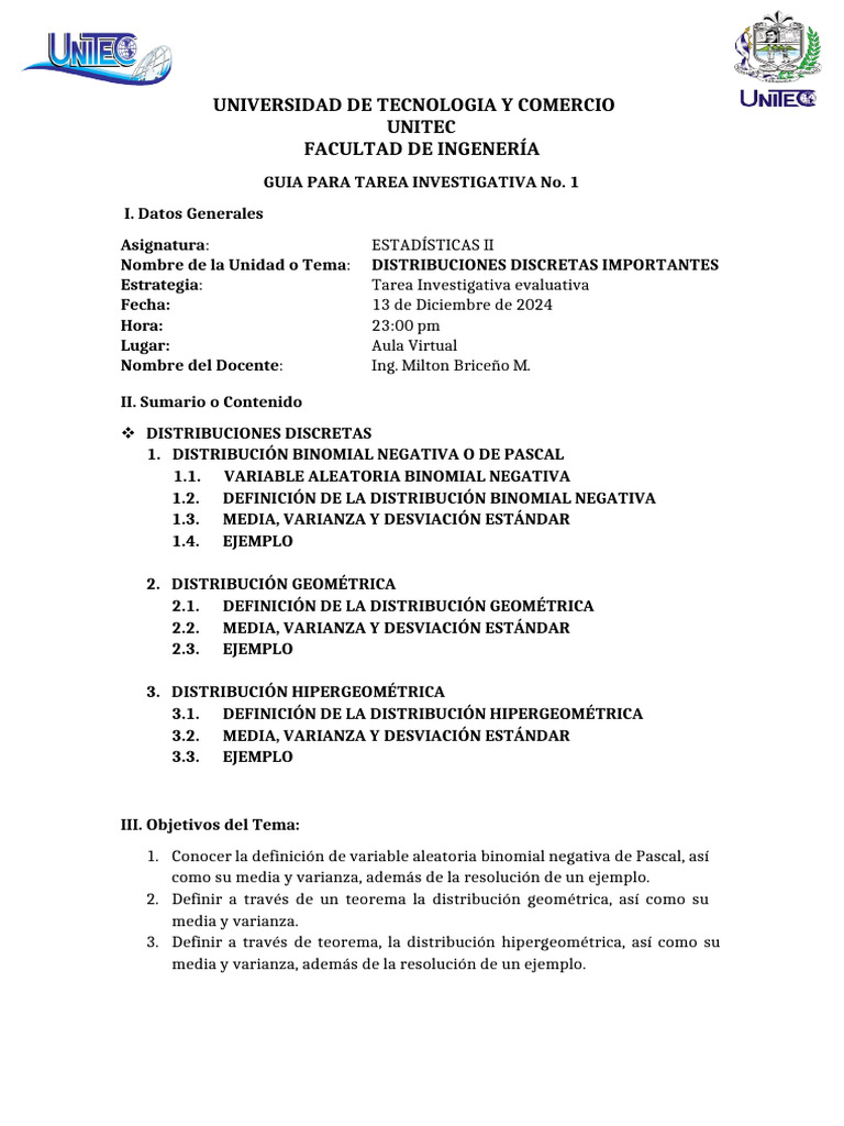 Guía de Trabajo Investigativo #1 - ESTAD-II - Distribuciones Discretas - IIIC2024 | PDF ...