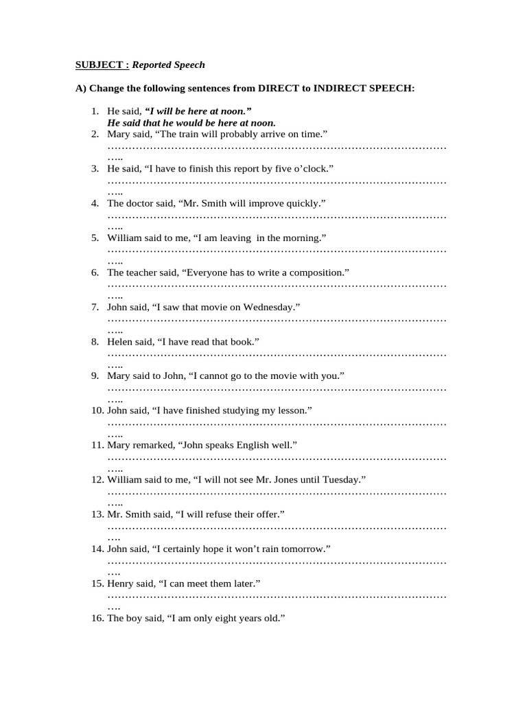 EXERCISES WITH DIRECT AND INDIRECT SPEECH | PDF