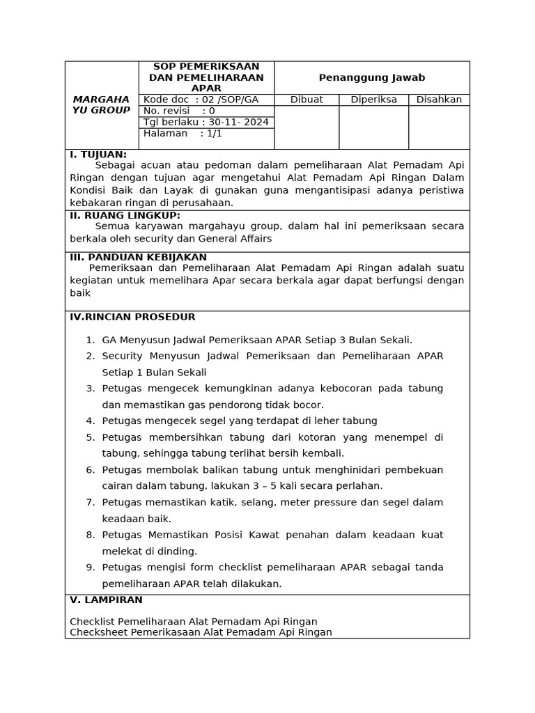 02 Sop Pemeriksaan Dan Pemeliharaan Apar | PDF