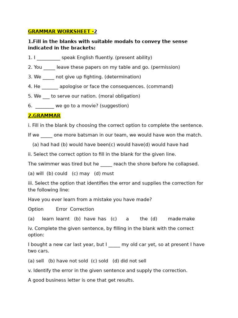 GRAMMAR WORKSHEET -2 | PDF | Love | Beauty