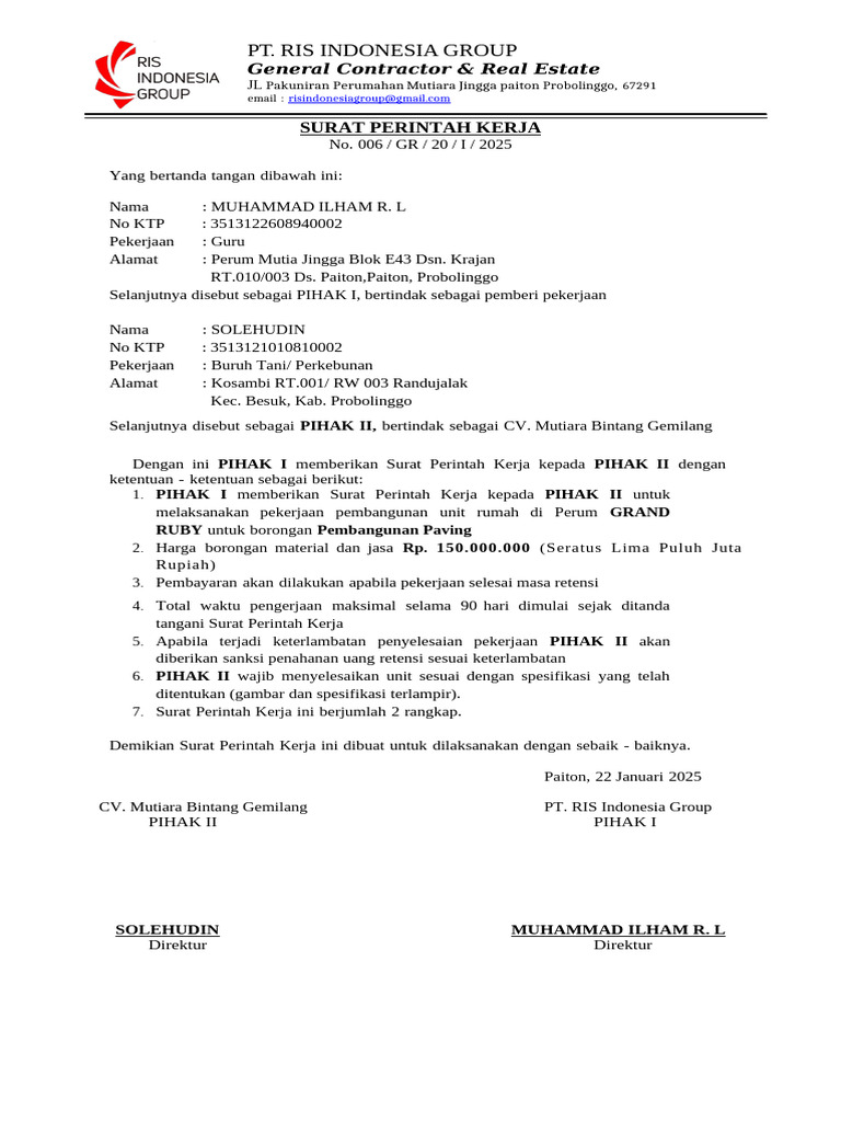Surat Perintah Kerja Pembangunan Rumah | PDF
