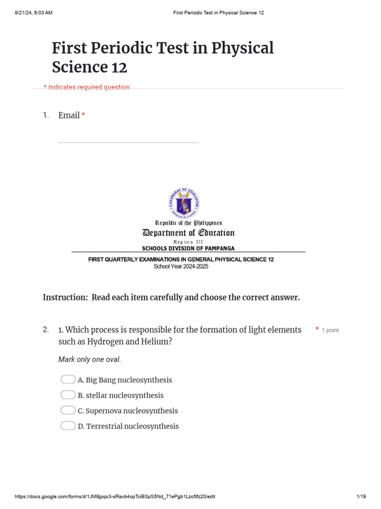 CBA - Physical Science 12 - First Periodic Examination - Google Forms ...
