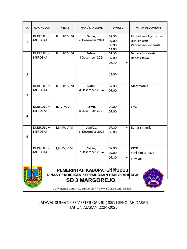 JADWAL SUMATIF SEMESTER GANJIL (SSG) 2024-2025 News | PDF