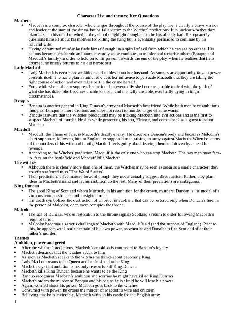 Macbeth - Themes and Character List :important Quotes | PDF | Macbeth ...