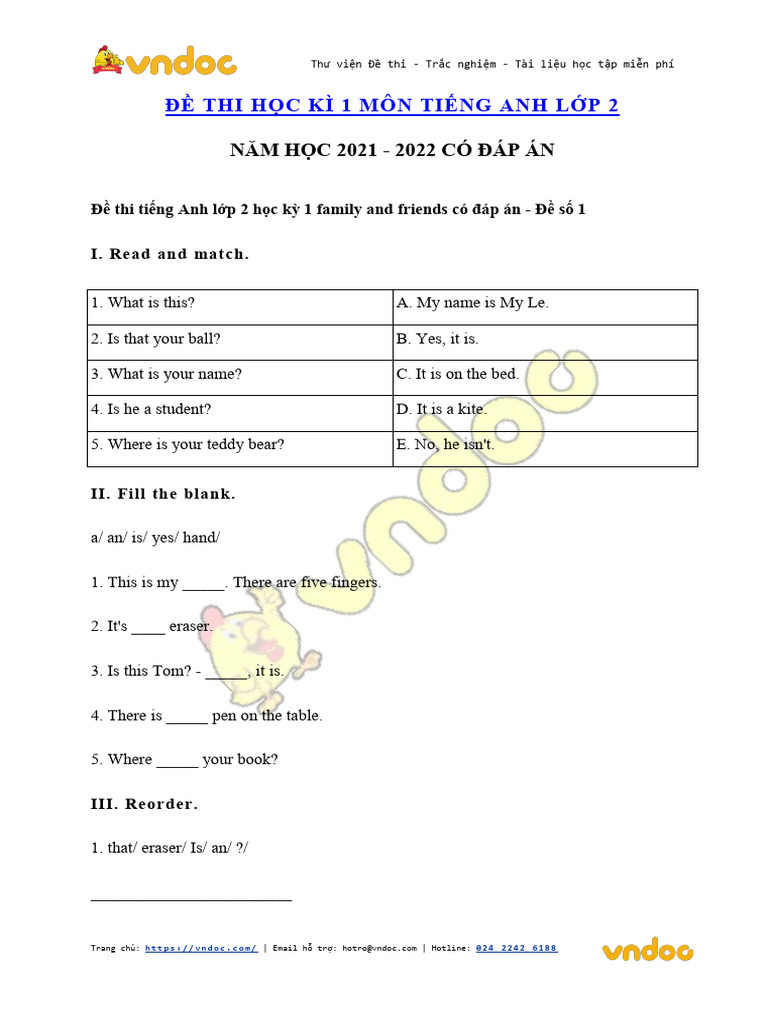 De Thi Hoc Ki 1 Lop 2 Mon Tieng Anh Sach Family and Friends 2 | PDF