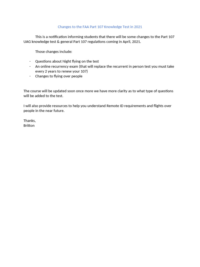 Changes To The FAA Part 107 Knowledge Test in 2021 | PDF