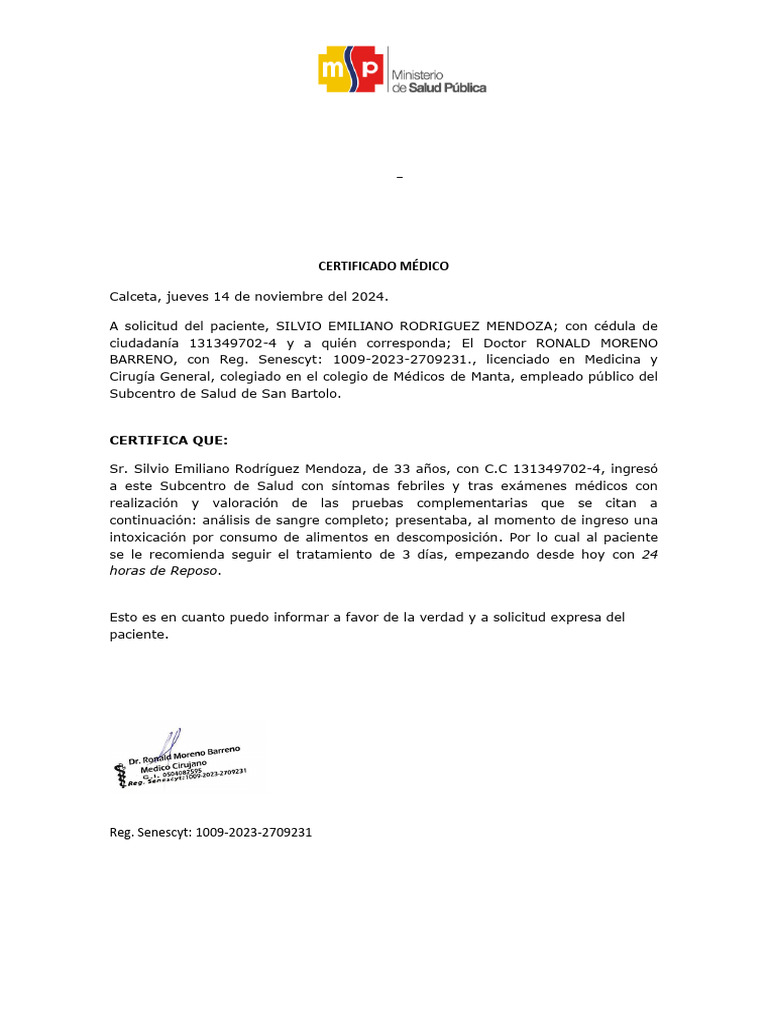 Certificado Medico MSP | PDF