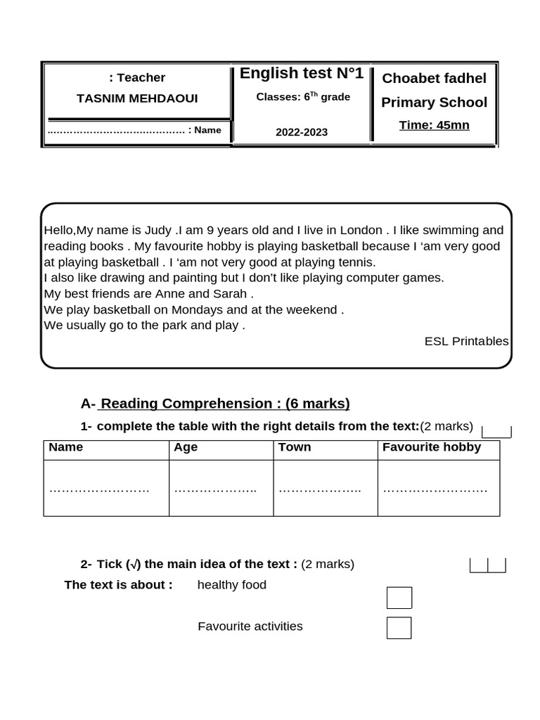 6th Grade English Test: Reading & Writing | PDF
