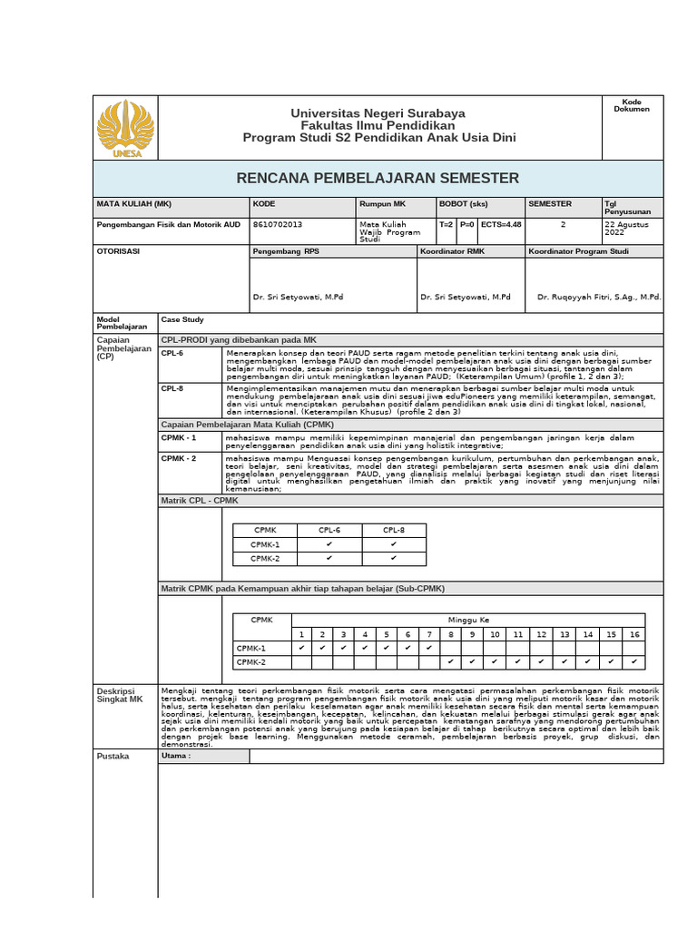 RPS Pengembangan Fisik Dan Motorik AUD | PDF