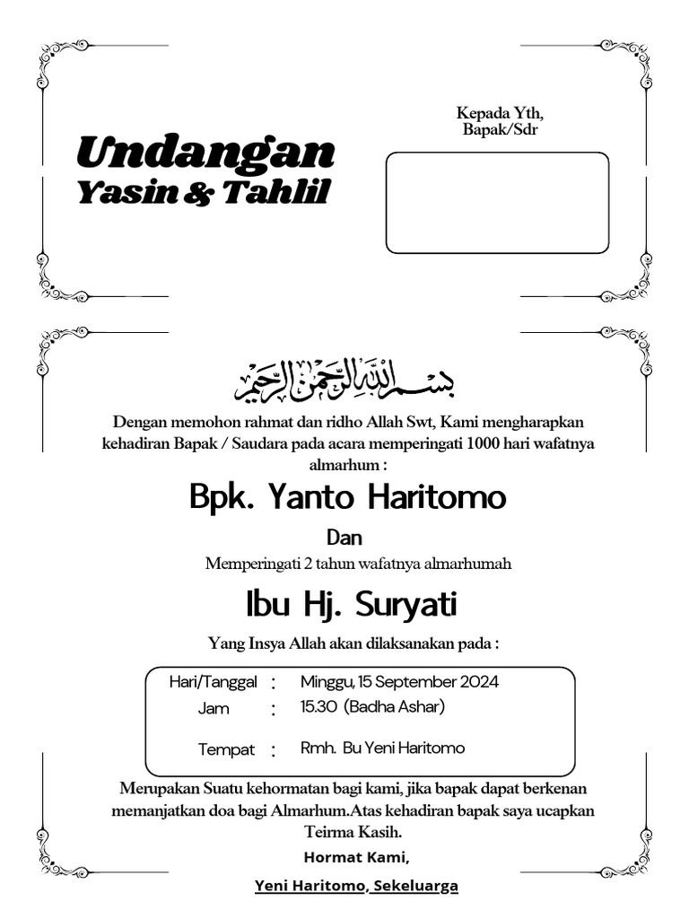 Hitam & Putih Minimalis Undangan Yasin & Tahlil | PDF