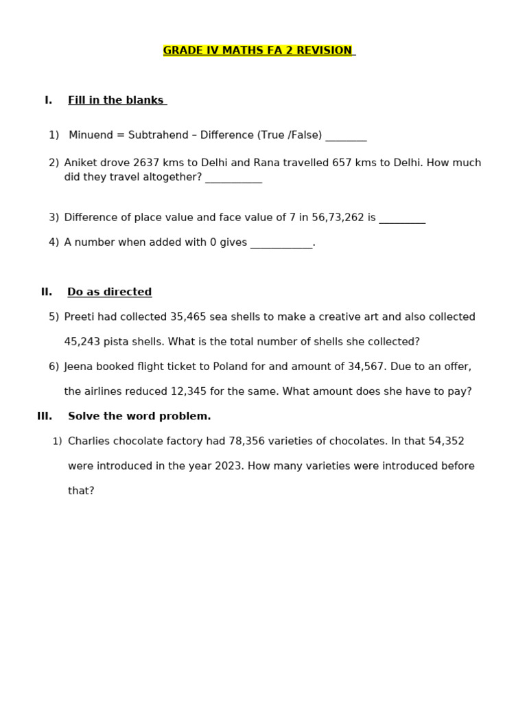 Grade 4 Mathematics FA2 Revision Questions 2023 | PDF