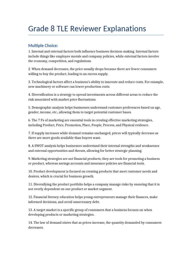 Grade 8 TLE Reviewer Explanations | PDF | Marketing | Demand