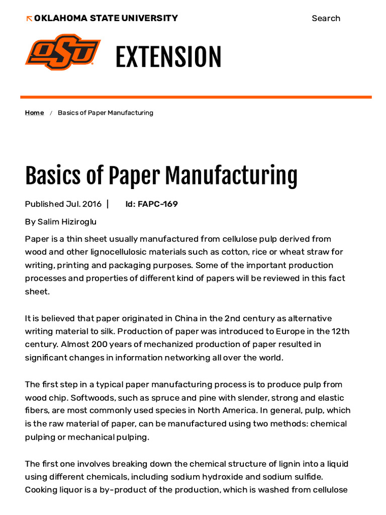 Basics of Paper Manufacturing - Oklahoma State University | PDF | Paper ...