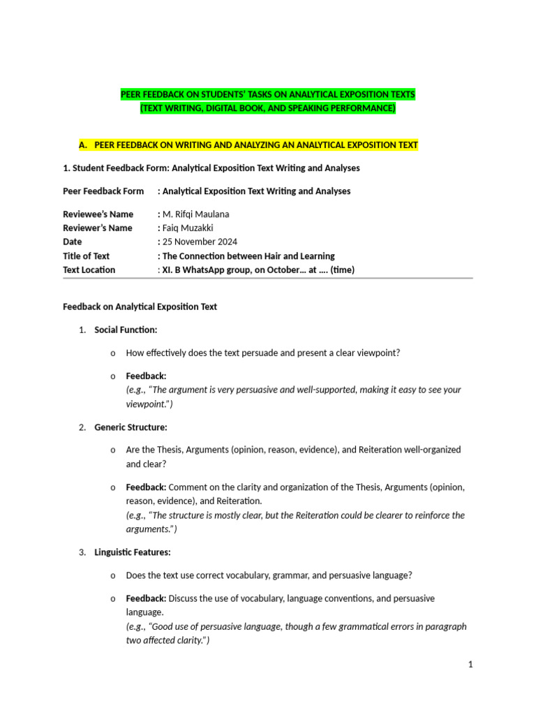 Peer Feedback On Analex Tasks Faiq Muzakki | PDF | Books | Argument