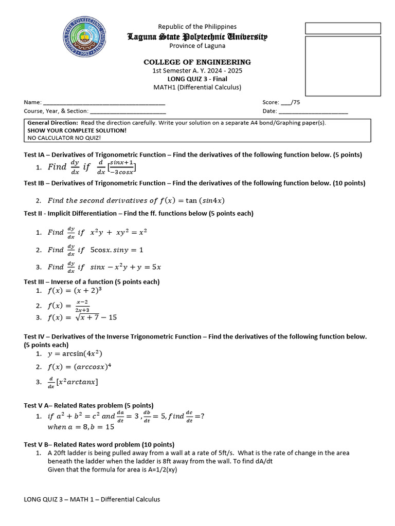 Calculus Long Quiz3 | PDF | Derivative | Function (Mathematics)