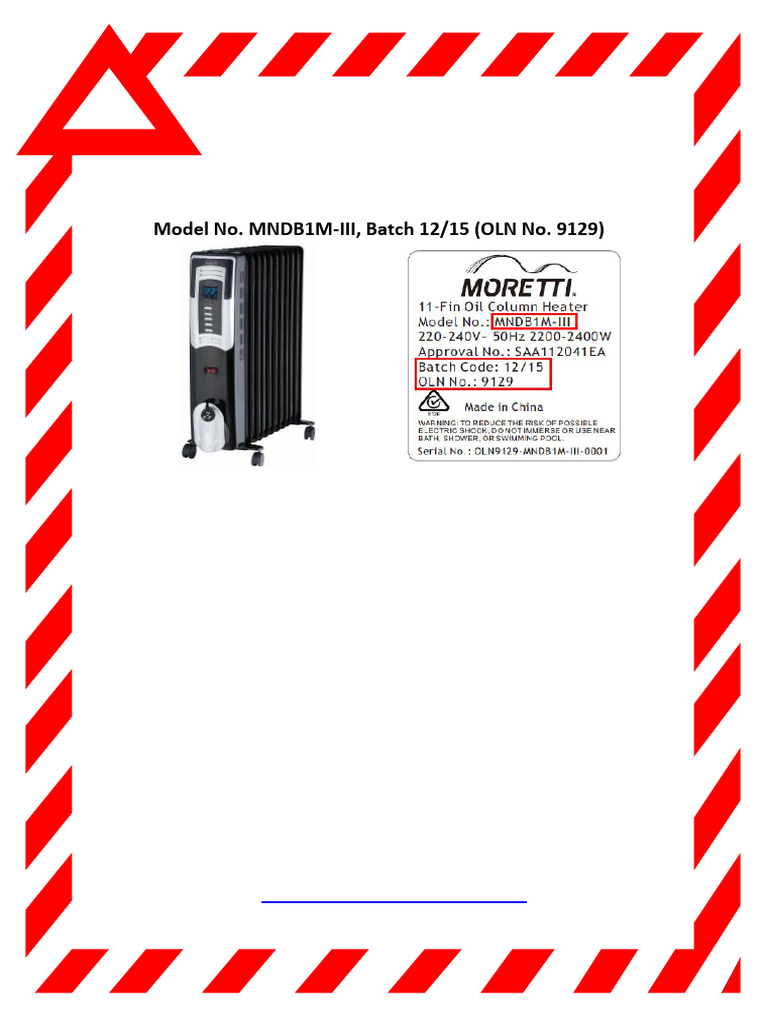 Moretti Oil Column Heater Recall Notice | PDF
