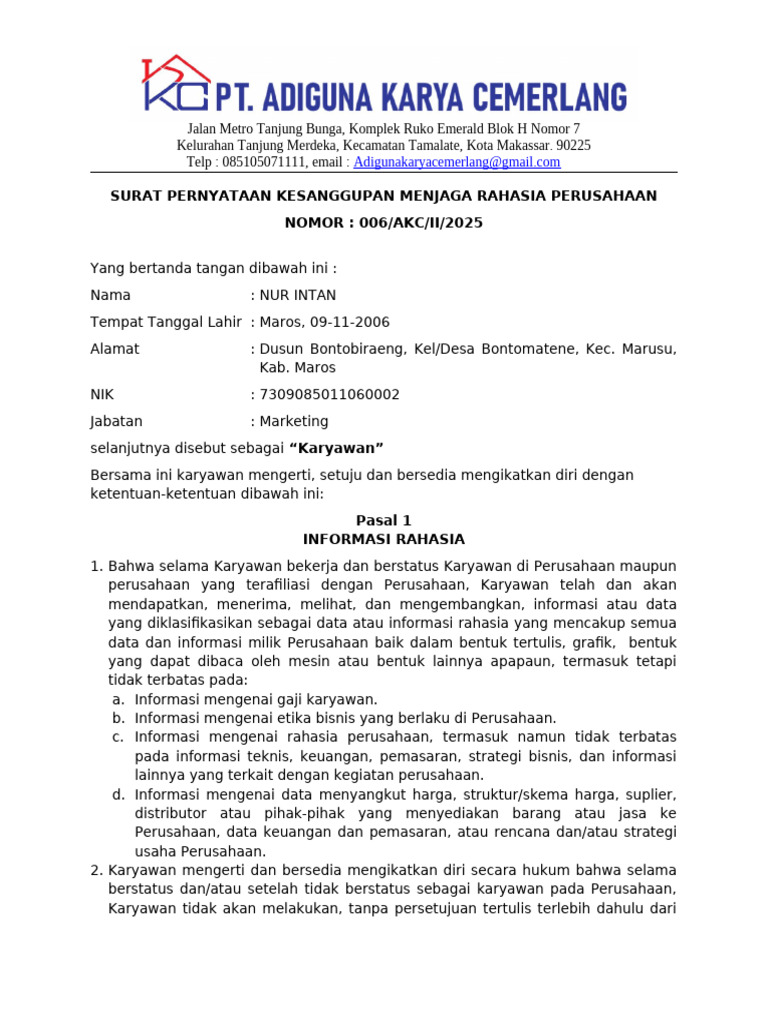 Surat Pernyataan Kerahasiaan Karyawan | PDF