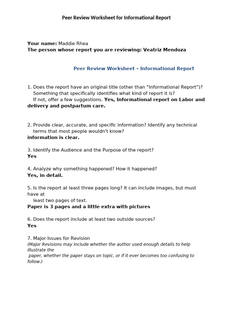 Peer Review Worksheet for Reports | PDF