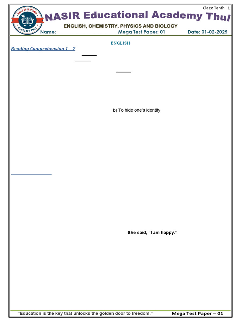 10th Mcqs Paper 01, 01-02-2025 | PDF | Chemical Equilibrium | Noun