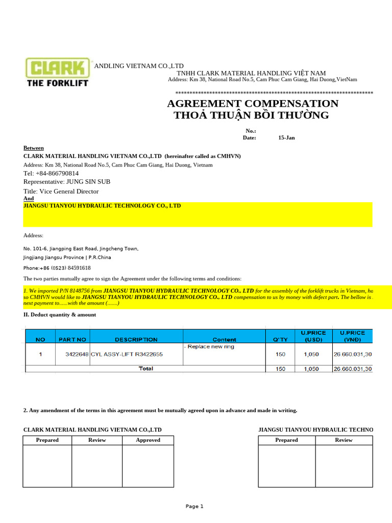 AGREEMENT COMPENSATION-Tianyou | PDF