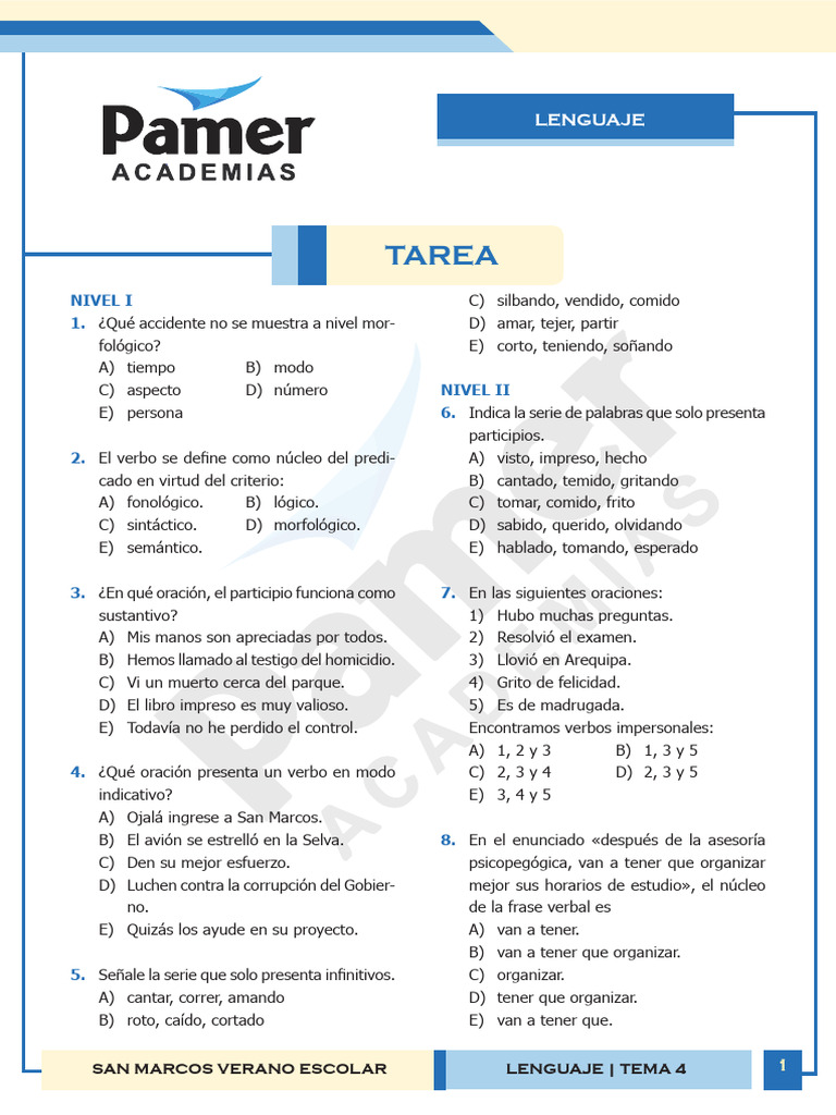 Lenguaje - Tarea - Verano Escolar - 2025-1 - Sem04 | PDF | Verbo | Oración (Lingüística)