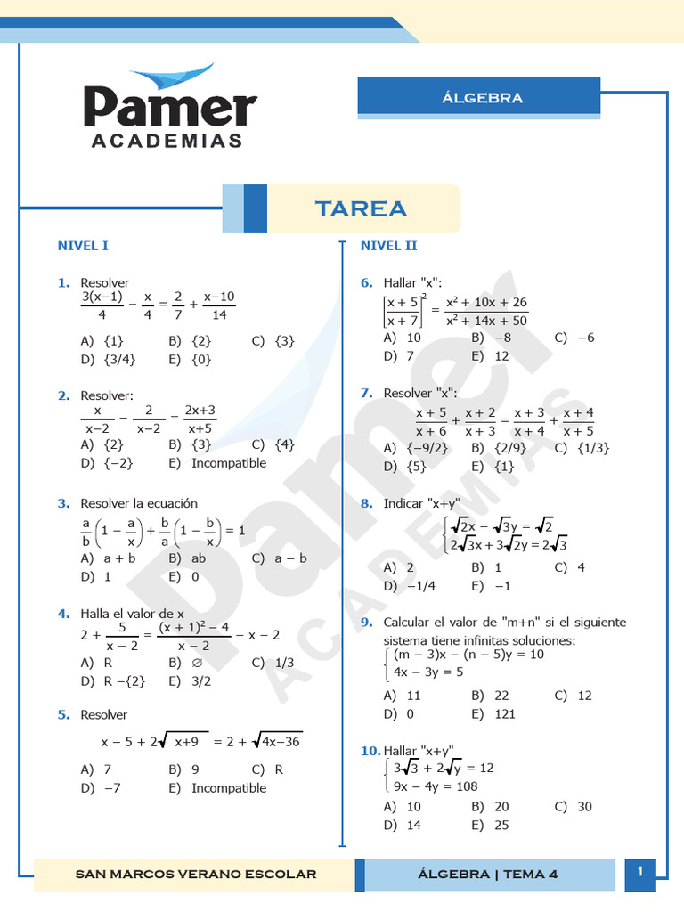 Álgebra Tarea Verano Escolar 2025-1 Sem04 | PDF | Matemáticas | Álgebra